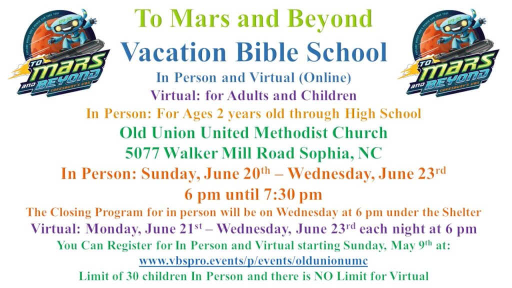 Vacation Bible School 2020 - Old Union Church Sophia, NC