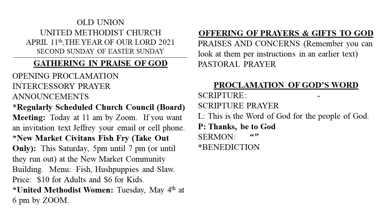 Bulletin - Old Union Church Sophia, NC